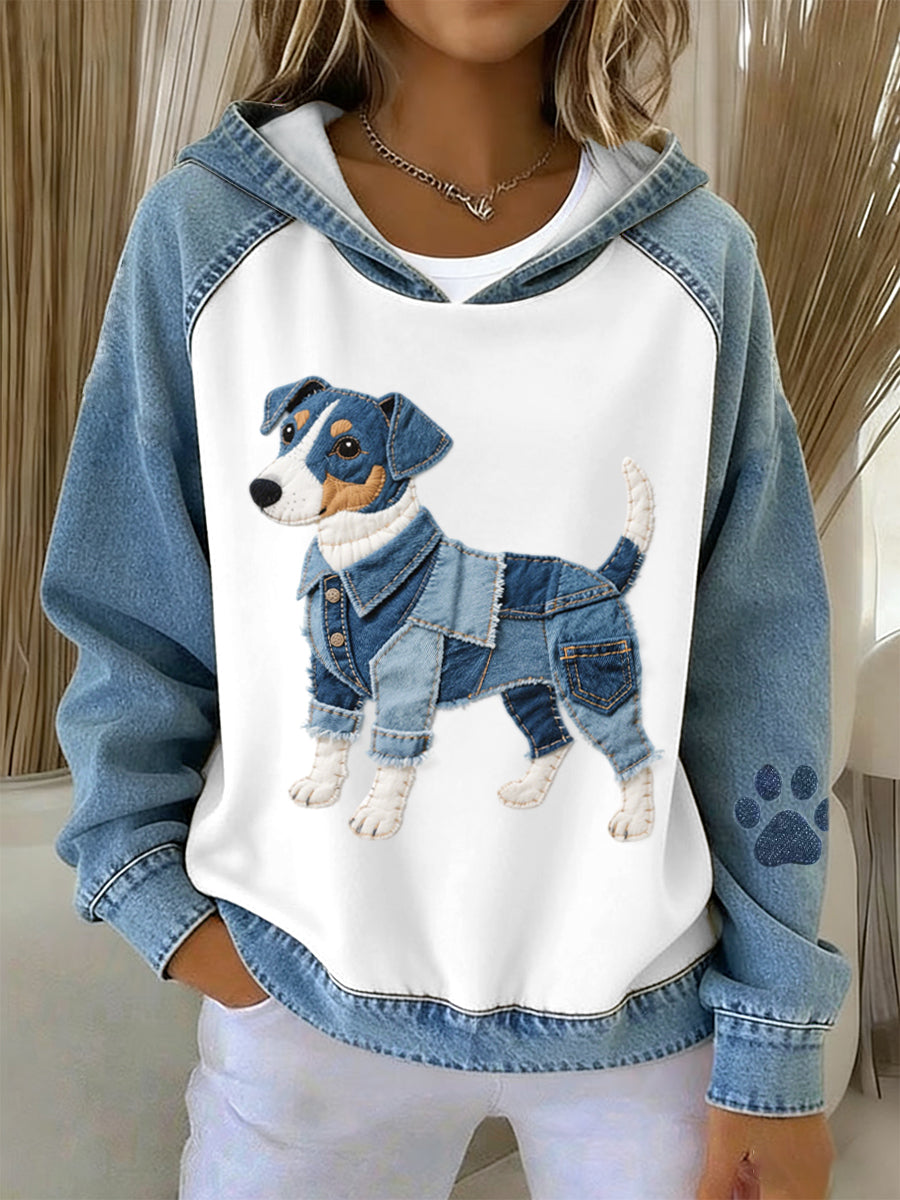Damska bluza z kapturem z motywem patchworku Jack Russell Terrier ze w ...